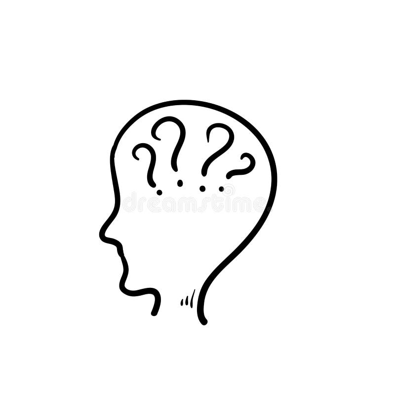 Hand Drawn Doodle Big Head with Question Marks Inside Brain Icon Vector ...
