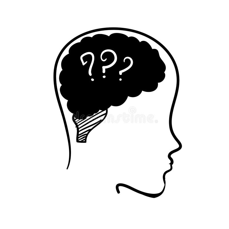 Hand Drawn Doodle Big Head with Question Marks Inside Brain Icon Vector ...