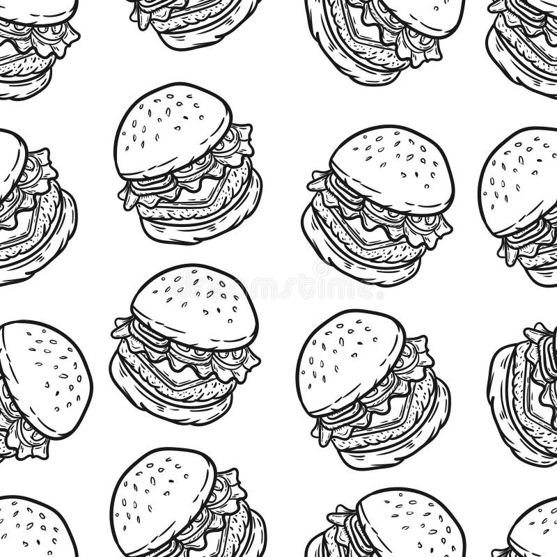 Hand Drawn Doodle Burger Seamless Pattern. Stock Vector - Illustration ...