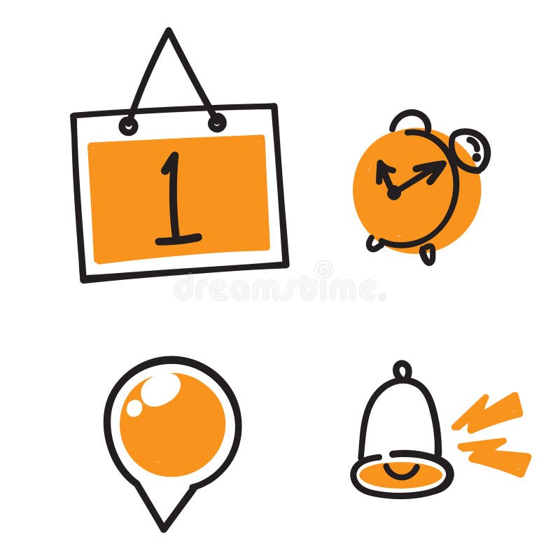 Hand Drawn Doodle Calendar, Clock,gps and Bell Collection Stock Vector ...