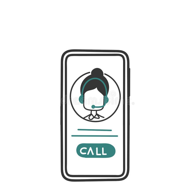 Hand Drawn Doodle Call Customer Support on Mobile Phone Illustration ...