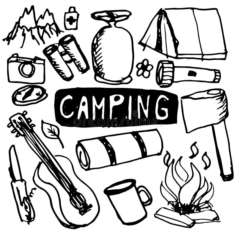 Hand Drawn Doodle Camping Elements, Isolated on White Background ... Hand Drawn Doodle Camping Elements, Isolated on White Background ...