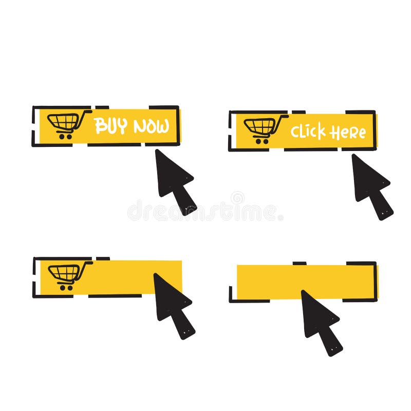 Hand Drawn Doodle Click Here Button with Cursor Symbol for Buy Now ...