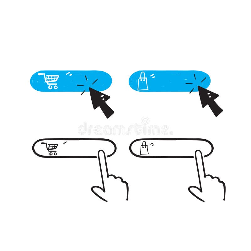Hand Drawn Doodle Click Here Button with Cursor Symbol for Buy Now ...