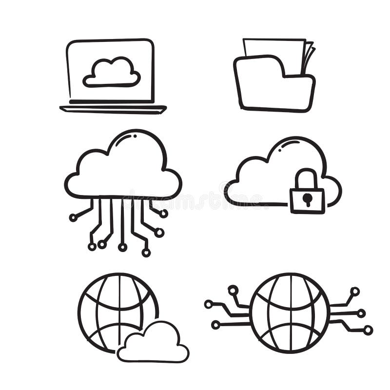 Hand Drawn Doodle Cloud Computing. Internet Technology. Online Services. Data, Information ...