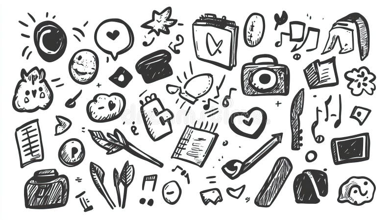 Hand-drawn Doodle Collection of Various Objects, Symbols, and Icons ...