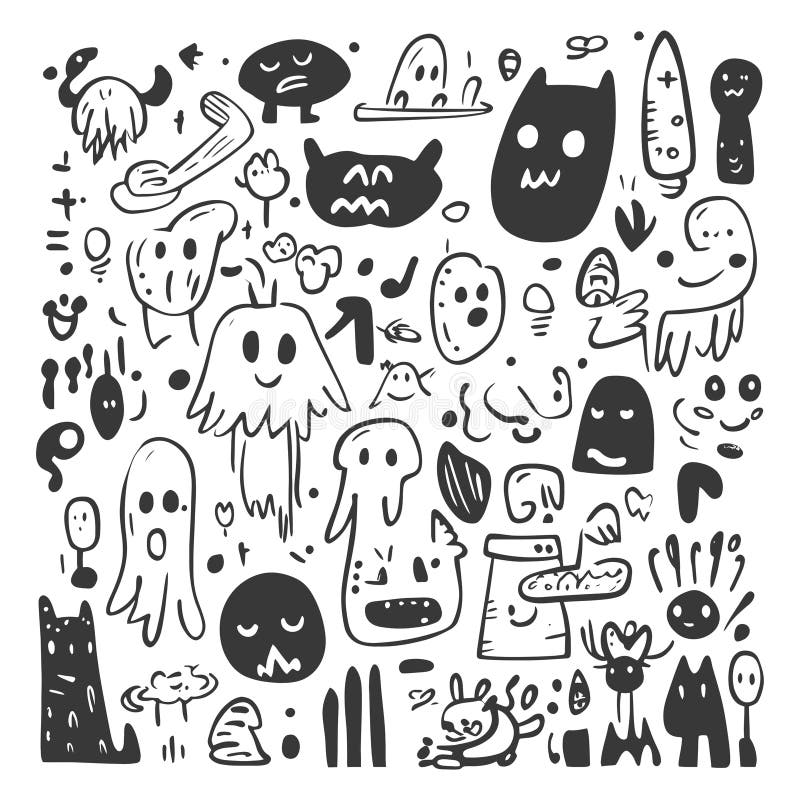 Cute Hand-Drawn Monster Characters Set: Funny Doodle Illustration Stock ...