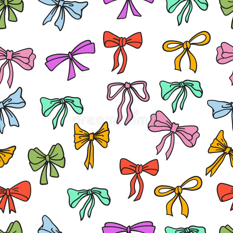 Hand Drawn Doodle Colorful Bow Ribbon Seamless Pattern Stock Vector ...