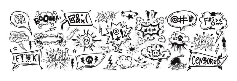 Hand Drawn Doodle Comic Speech Bubbles with Swearwords, Curses, Insults ...