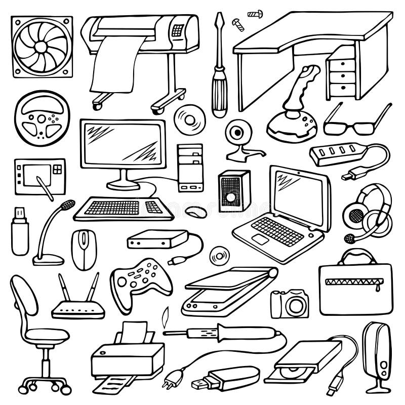 Hand Drawn, Sketch Computer Technology Gadgets Vector Set Stock Vector ...
