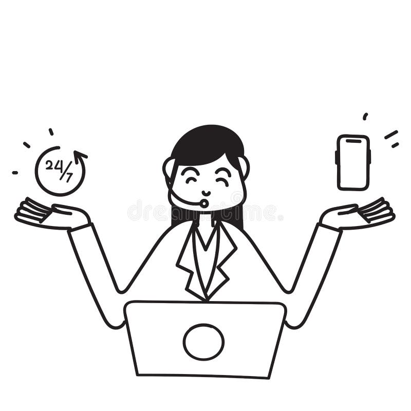 Hand Drawn Doodle Customer Service Agent with Laptop and Phone ...