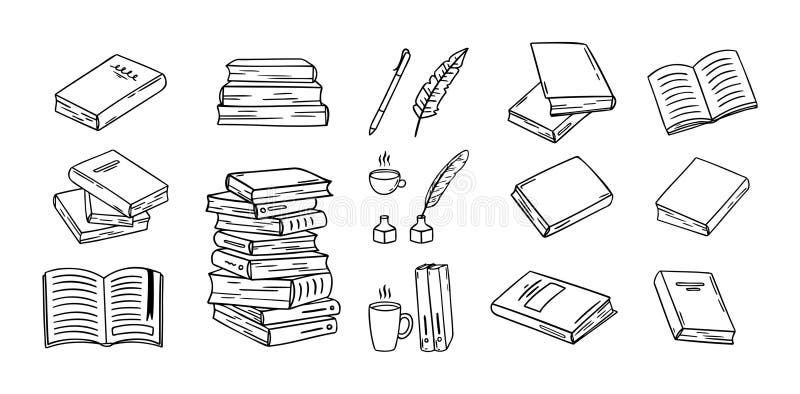 Hand Drawn Doodle Different Black Outline Books. Linear Style Book ...