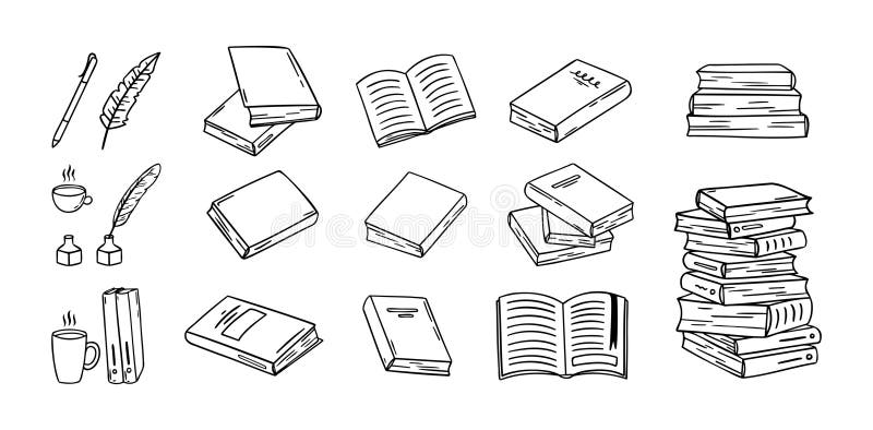 Hand Drawn Doodle Different Black Outline Books. Linear Style Book Icons Set. Drawing Books ...