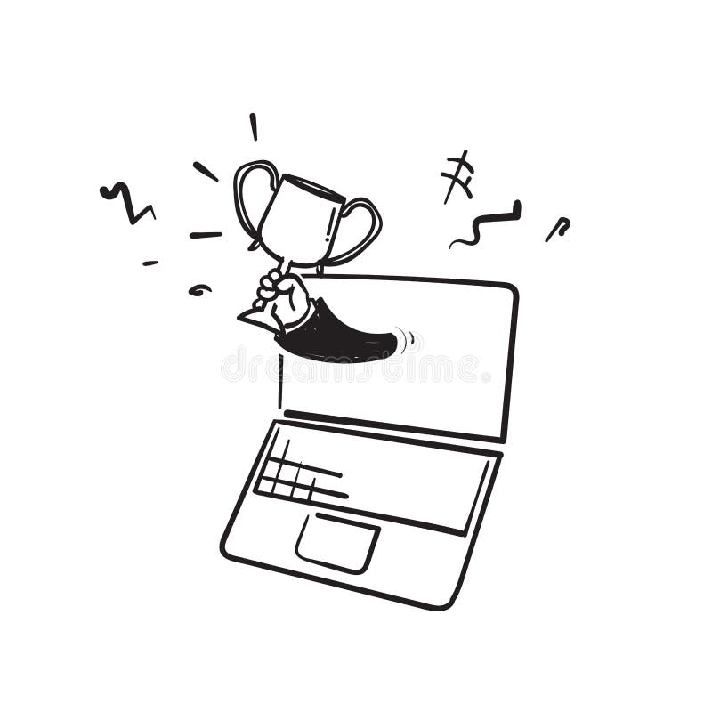 Hand Drawn Doodle Digital Screen and Trophy Symbol for Online ...