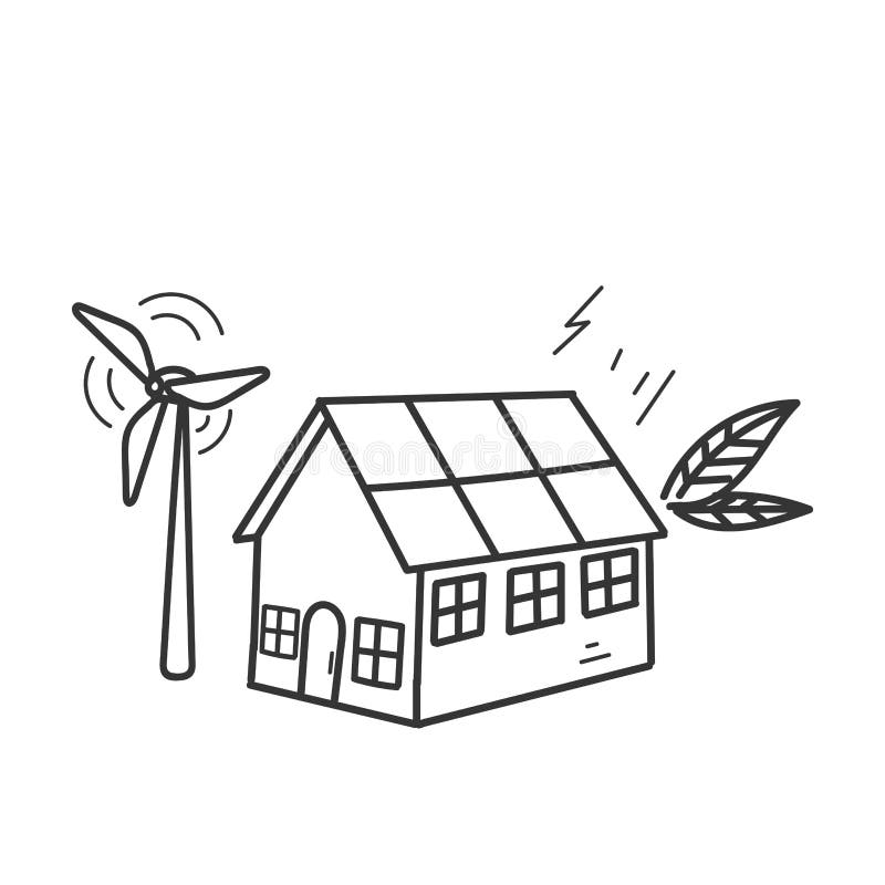 Hand Drawn Doodle Eco House with Wind Turbine Illustration Stock Vector ...