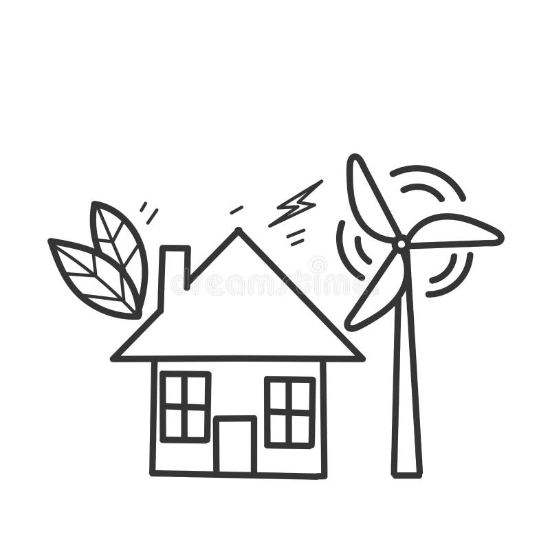 Hand Drawn Doodle Eco House with Wind Turbine Illustration Stock Vector ...