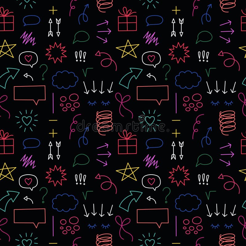 Hand Drawn Doodle Elements Seamless Pattern. Dark Theme. Cartoon ...