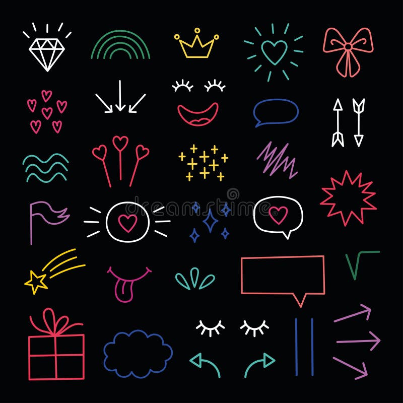 Hand Drawn Doodle Elements Set. Dark Theme. Cartoon Illustrations on ...