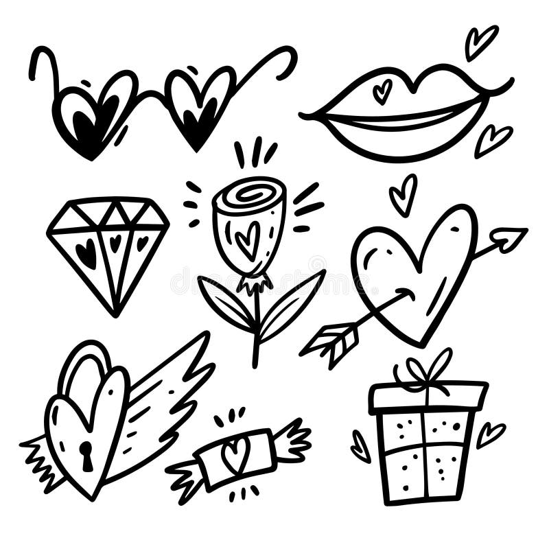 Hand Drawn Doodle Elements Set Valentines Day Vector Clipart. Stock ...