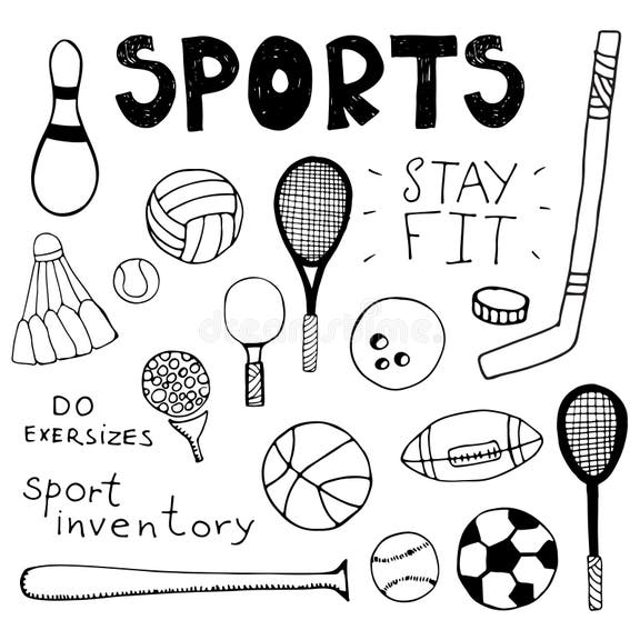 Hand Drawn Doodle Elements. Sport Inventory Stock Vector - Illustration ...