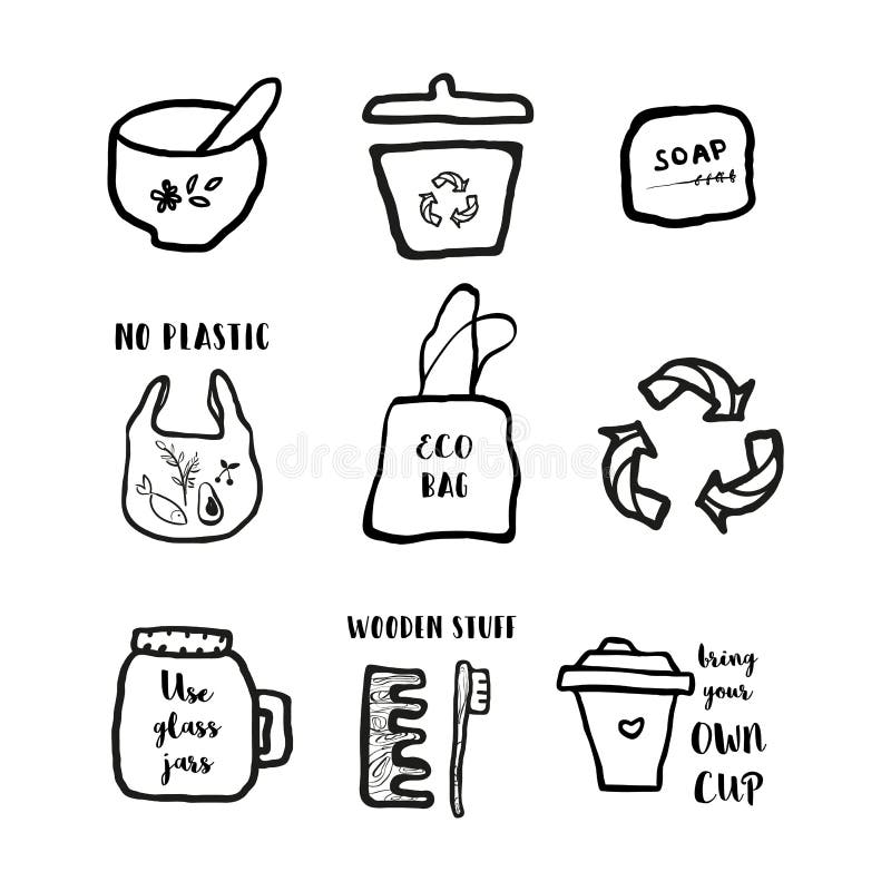 Hand Drawn Doodle Elements of Zero Waste Lifestyle Stock Illustration ...