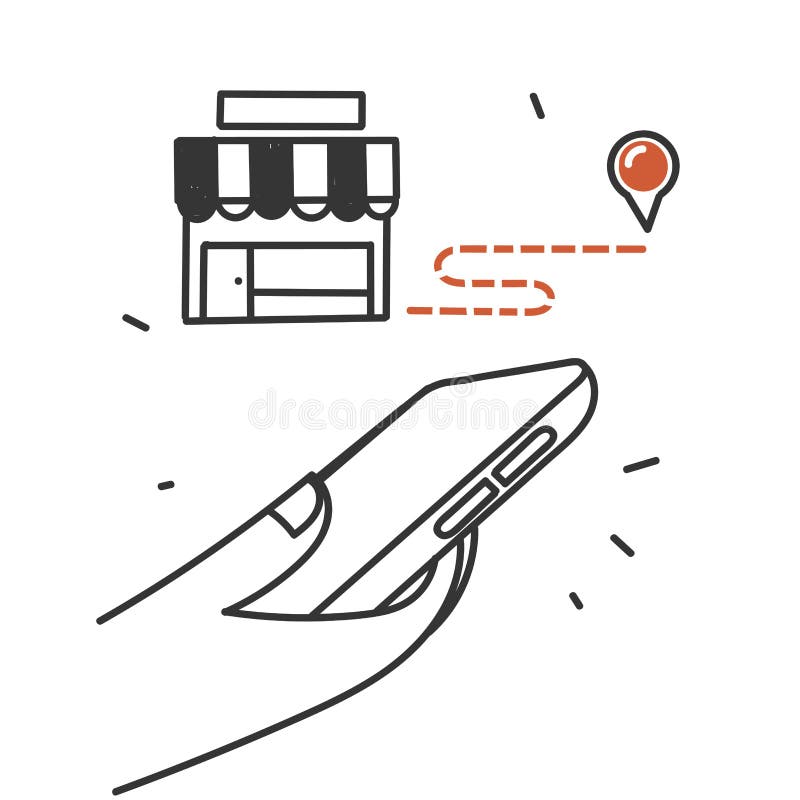 Hand Drawn Doodle Find Store Location from Smartphone Illustration ...