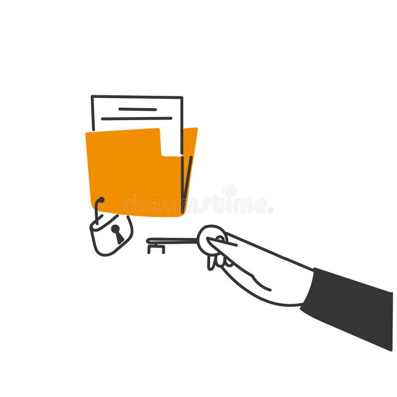 Hand Drawn Doodle Folder Document Locke with Padlock and Key To Open it ...