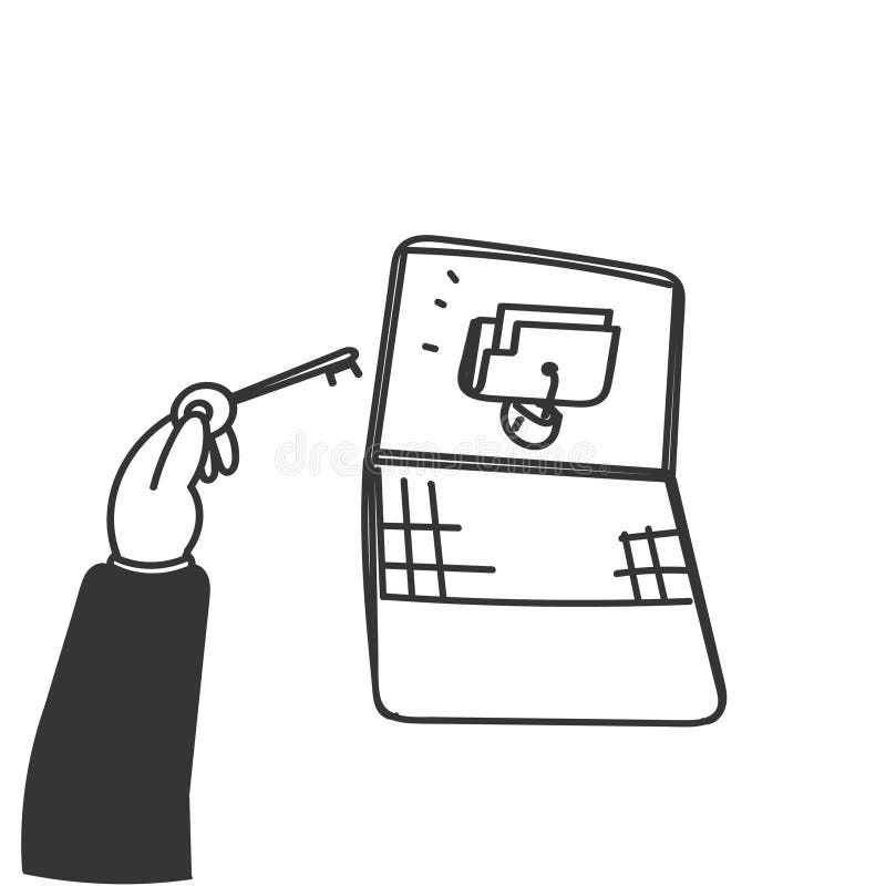 Hand Drawn Doodle Folder Document Locke with Padlock and Key To Open it ...