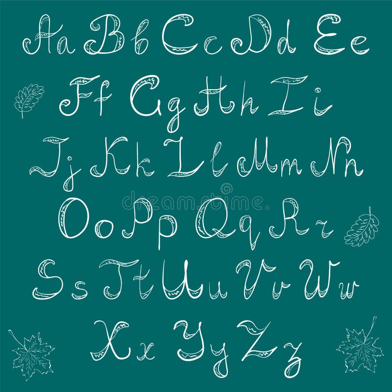 Hand Drawn Doodle Font and Leaves.Chalk Scribble Alphabet on Green ...