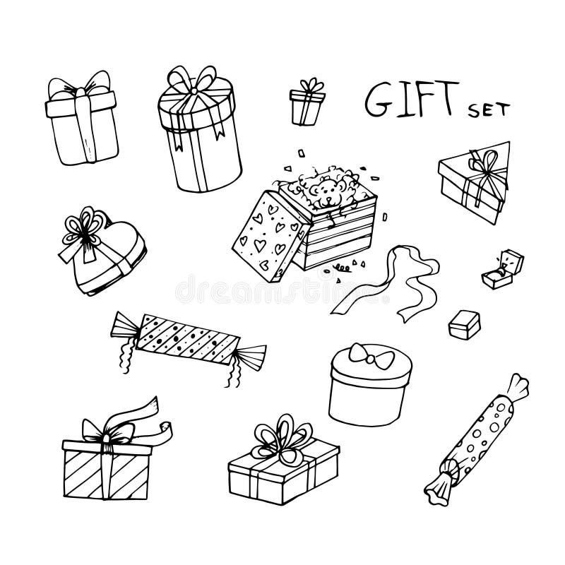 Hand drawn doodle gift set stock vector. Illustration of ornament ...