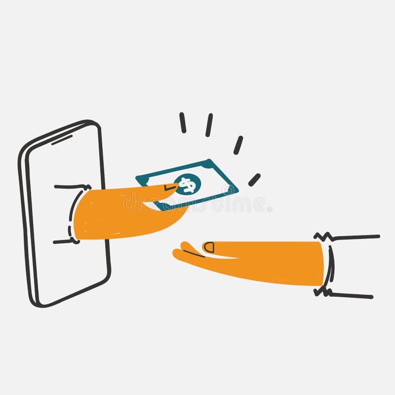 Hand Drawn Doodle Hand Giving Money from Device Screen Illustration ...