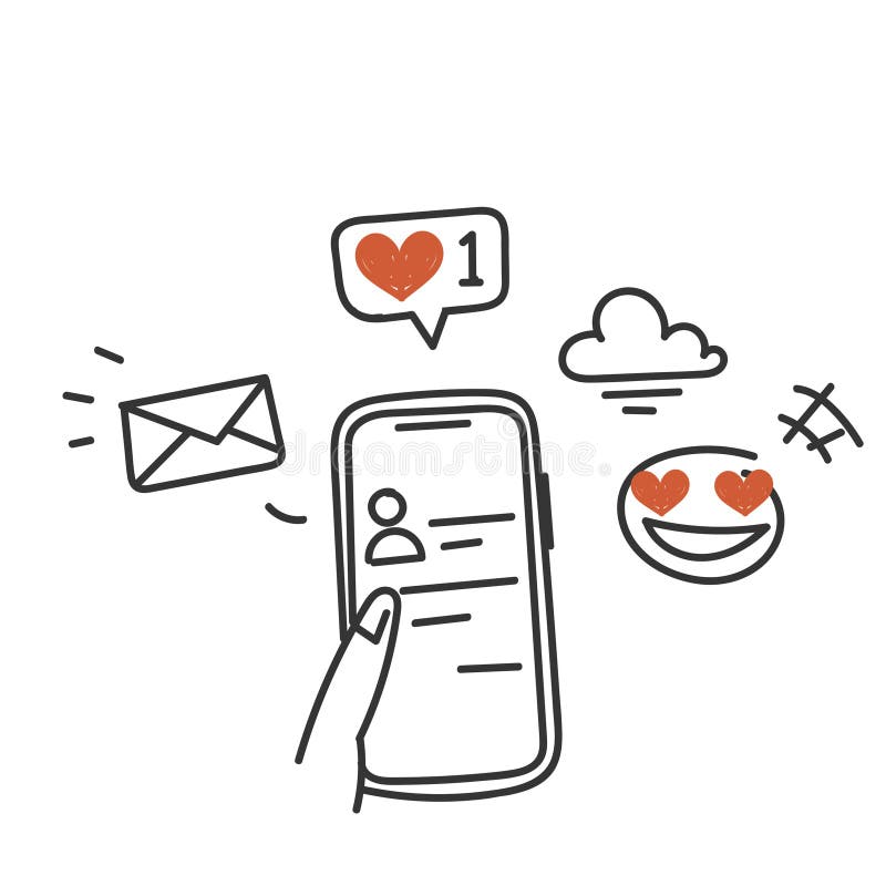 Hand Drawn Doodle Hands Holding Phone with Message Icon Illustration ...