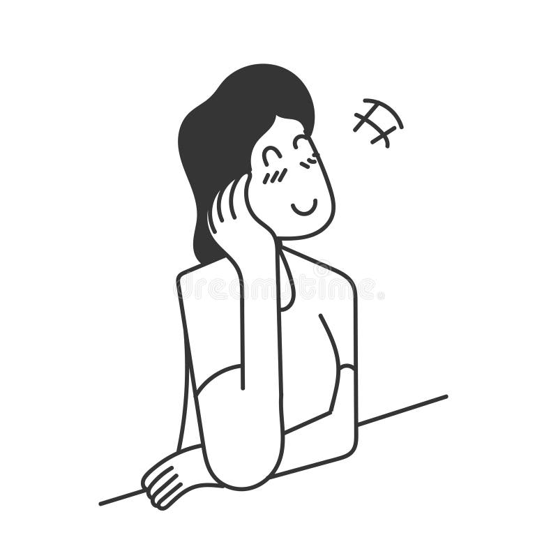 Hand Drawn Doodle Happy Woman with Blushing Face in Romantic Thought ...