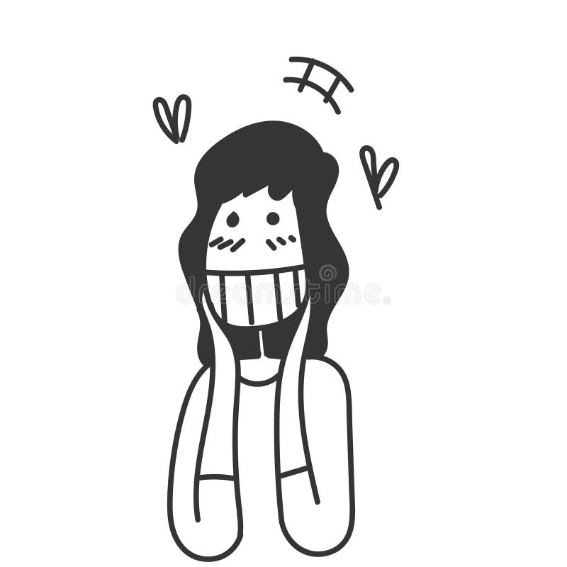 Hand Drawn Doodle Happy Woman with Blushing Face in Romantic Thought ...