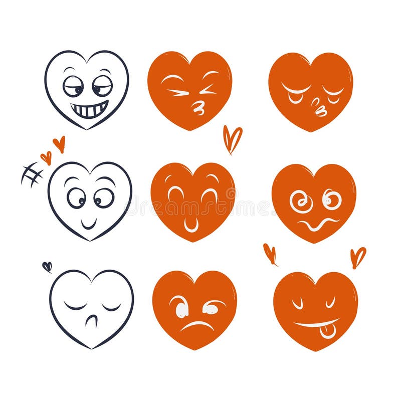 Hand Drawn Doodle Heart Love with Character Emoticon Face Illustration ...