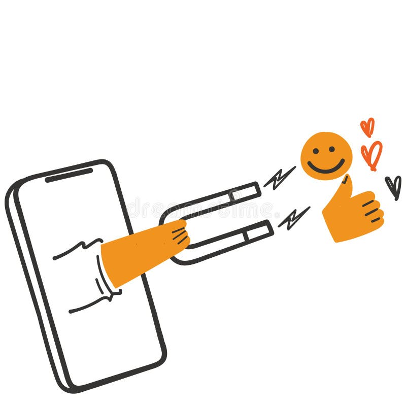 Hand Drawn Doodle Hand Holding Magnet on Mobile Symbol for Customer ...