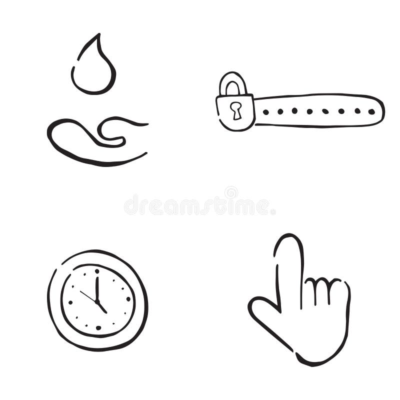 Hand Drawn Doodle Icon Objects. Water Drop and Hand, Locked Password ...