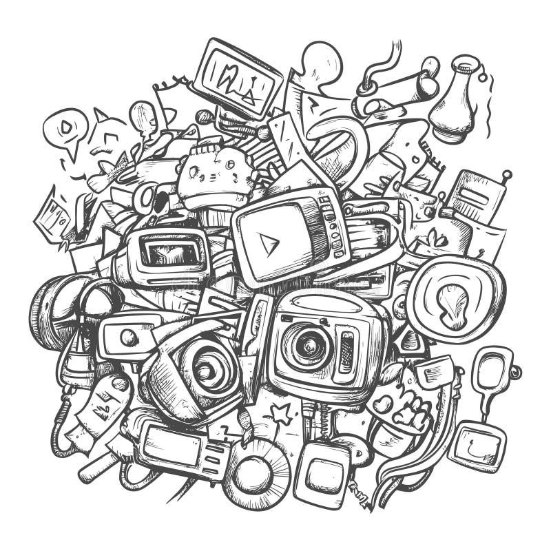 Pile of Vintage Gadgets and Electronic Devices in Doodle Style Stock ...