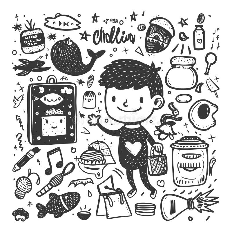 Cute Doodle Boy with Shopping Bag and Various Cute Elements Stock ...
