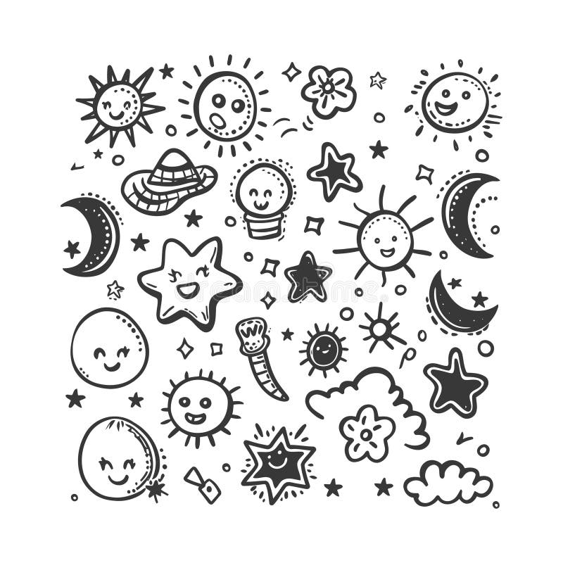 Charming Hand-Drawn Celestial Doodle Set: Sun, Moon, Stars, and More ...