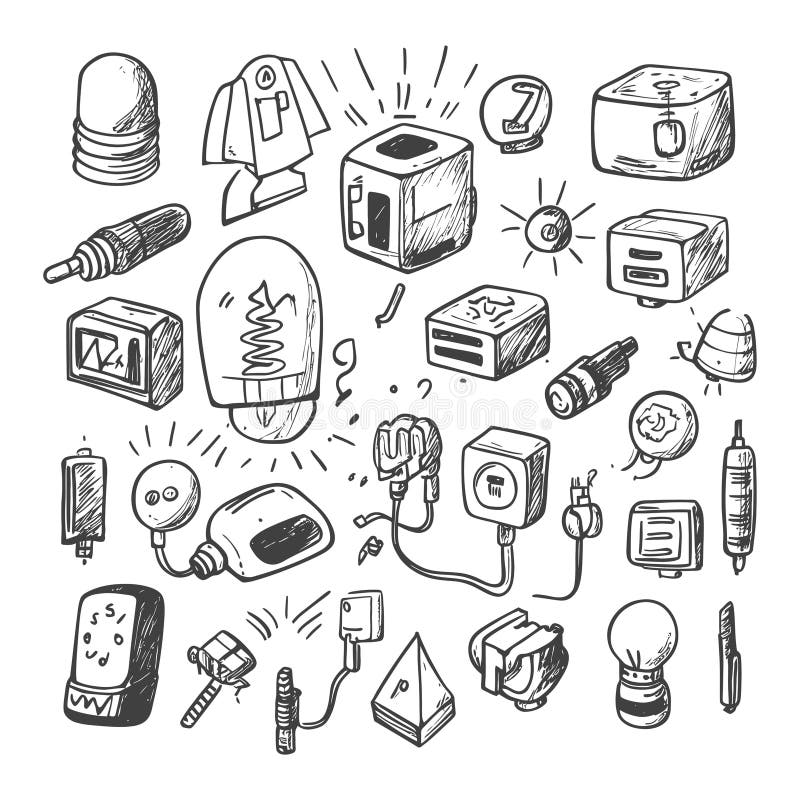 Collection of Hand-Drawn Sketch Style Electronic Gadgets and Devices ...