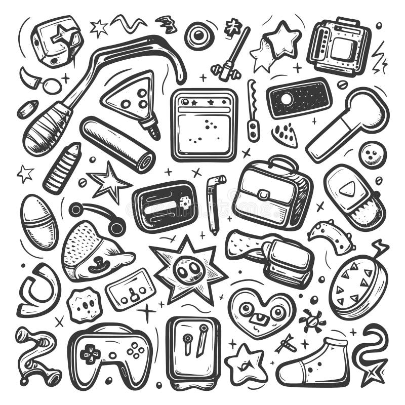 Hand-drawn Doodle Set of Retro Gaming and Gadgets Stock Vector ...