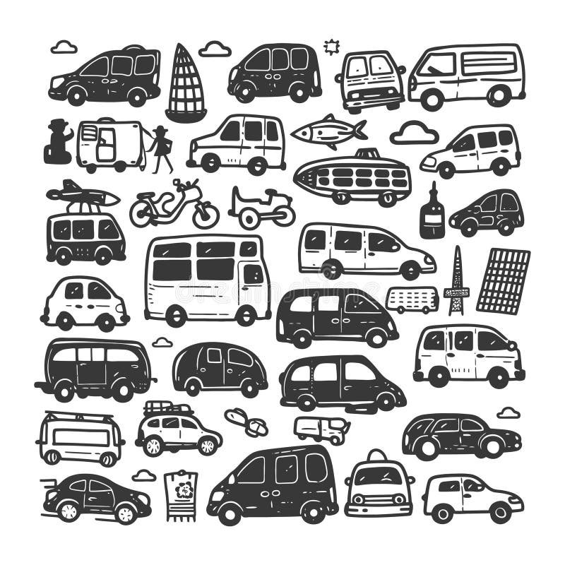 Collection of Hand-Drawn Doodle Vehicles: Cars, Vans, and Buses Stock ...