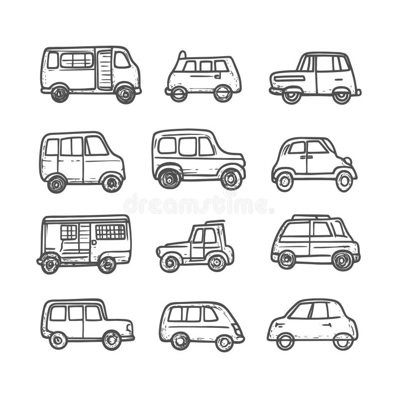 Collection of Hand-Drawn Cars and Vans: Vector Illustration Stock ...
