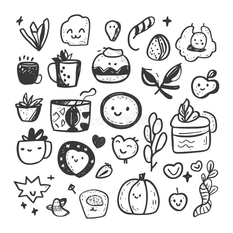Adorable Kawaii Doodle Set: Cute Food, Plants, and Objects. Stock ...