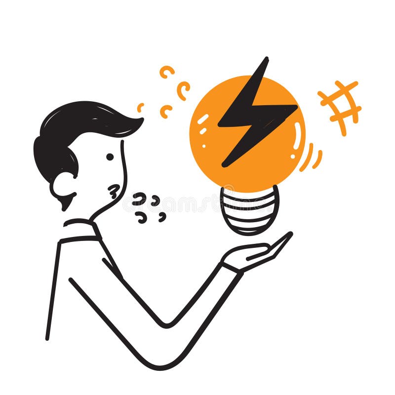 Hand Drawn Doodle Light Bulb with Electricity Symbol Stock Illustration ...
