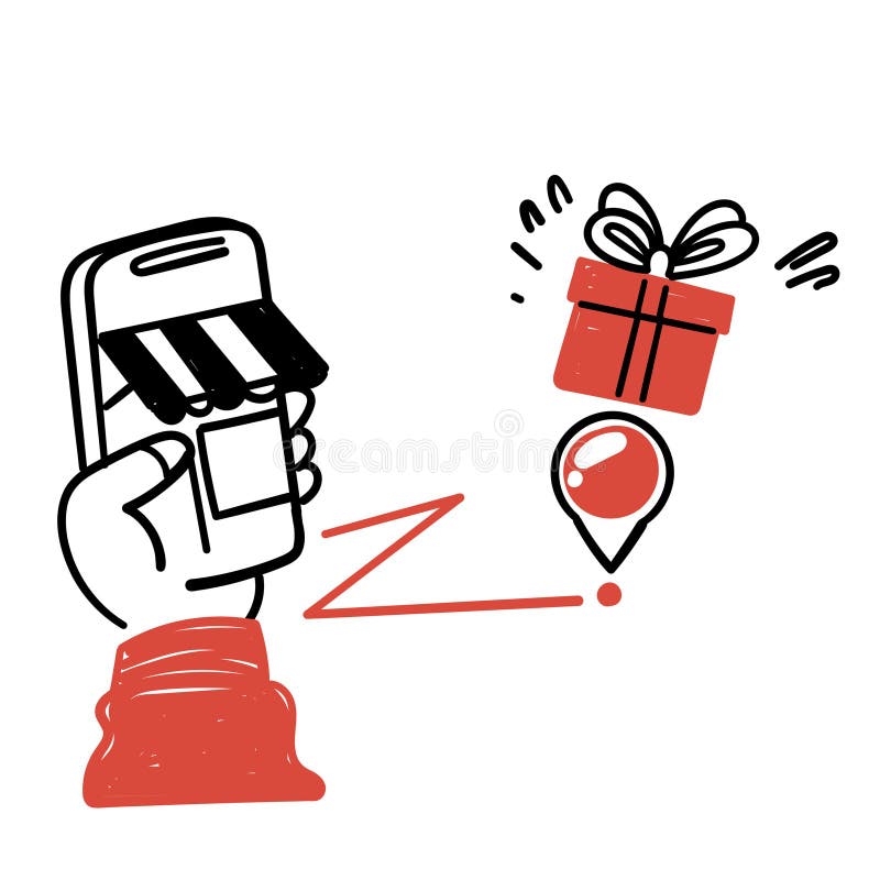 Hand Drawn Doodle Mobile Store Send Gift Box To Gps Location ...