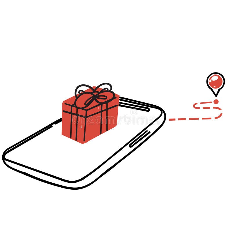 Hand Drawn Doodle Mobile Store Send Gift Box To Gps Location ...