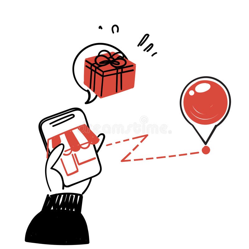 Hand Drawn Doodle Mobile Store Send Gift Box To Gps Location ...