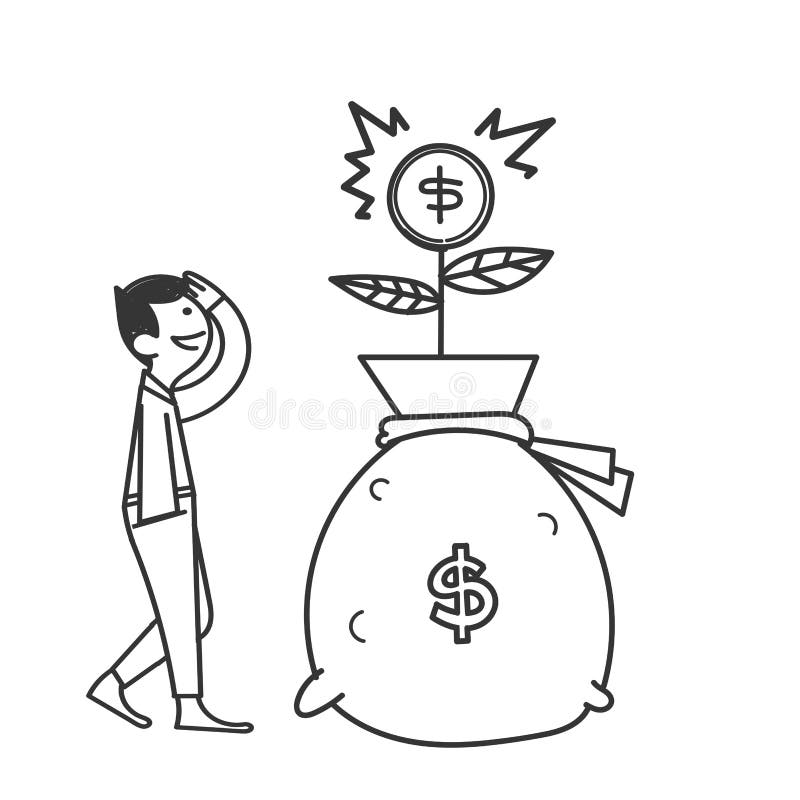 Hand Drawn Doodle Money Plant Grows from a Money Bag Illustration Stock ...